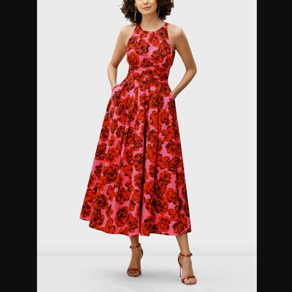 eshakti | Dresses | Eshakti Pink Red Floral Midi Dress Size Small 6 ...